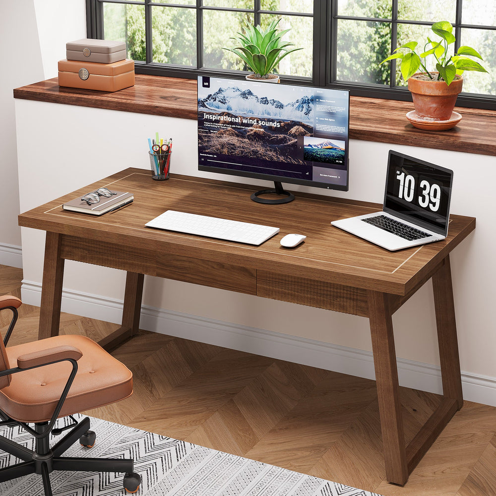 55" Wood Computer Desk, Mid Century Modern Desk With Drawers-Tribesigns