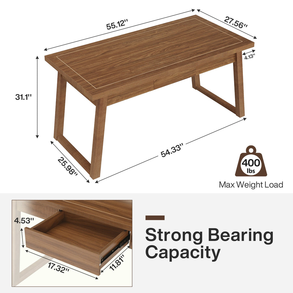55" Wood Computer Desk, Mid Century Modern Desk With Drawers-Tribesigns