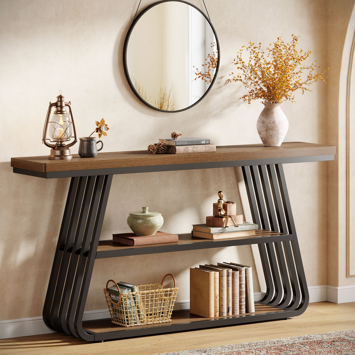 55" Console Table, 3-Tier Sofa Table With Iron Frame For Living Room ...
