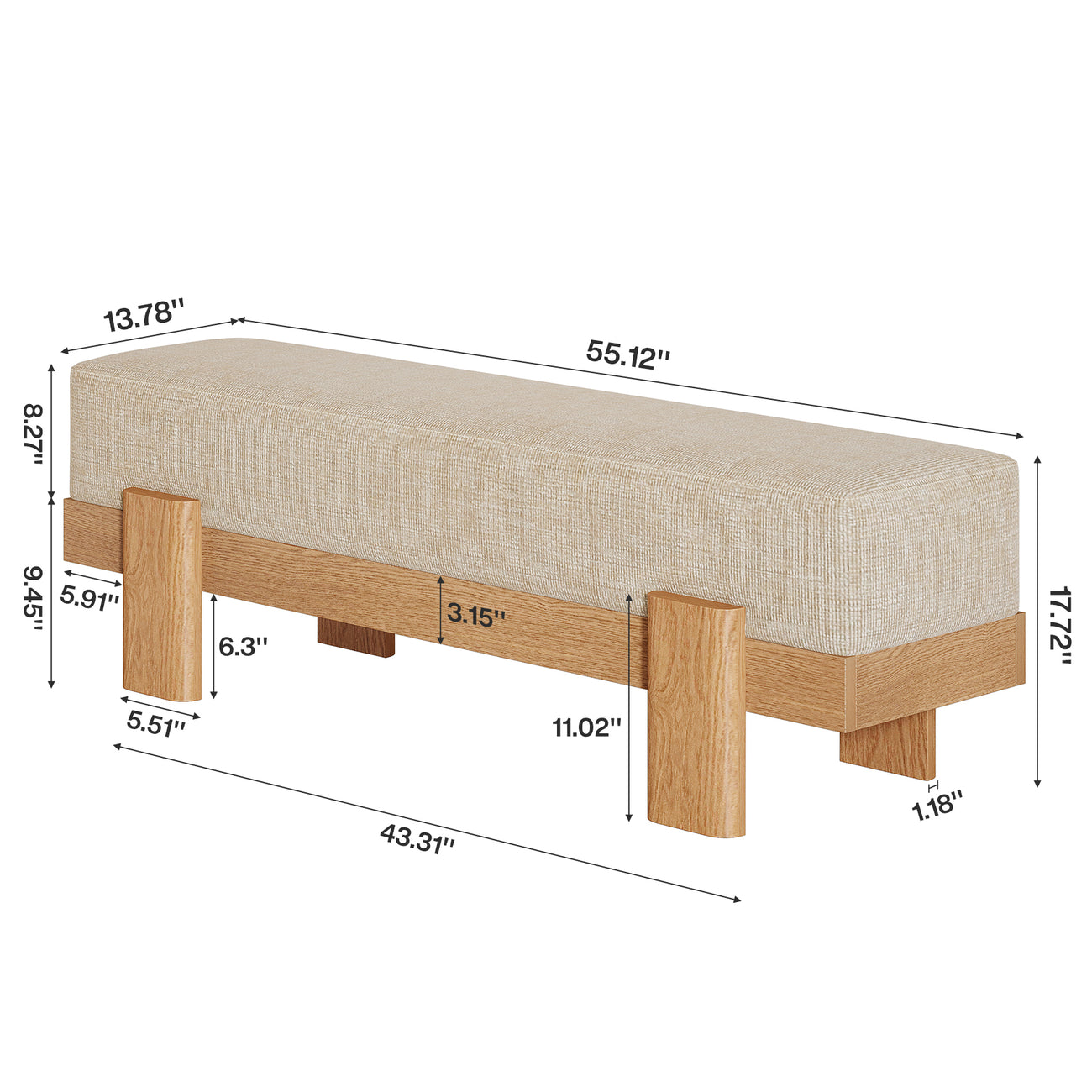 55" Dining Bench, Modern Kitchen Benches with Fabric Padded Seat-Tribesigns