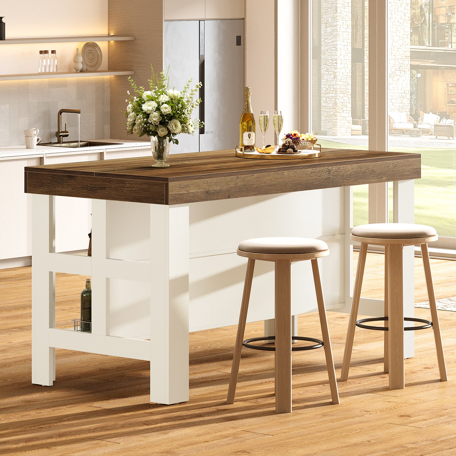 55" Kitchen Island, Breakfast Counter with Seating and Storage Shelves ...