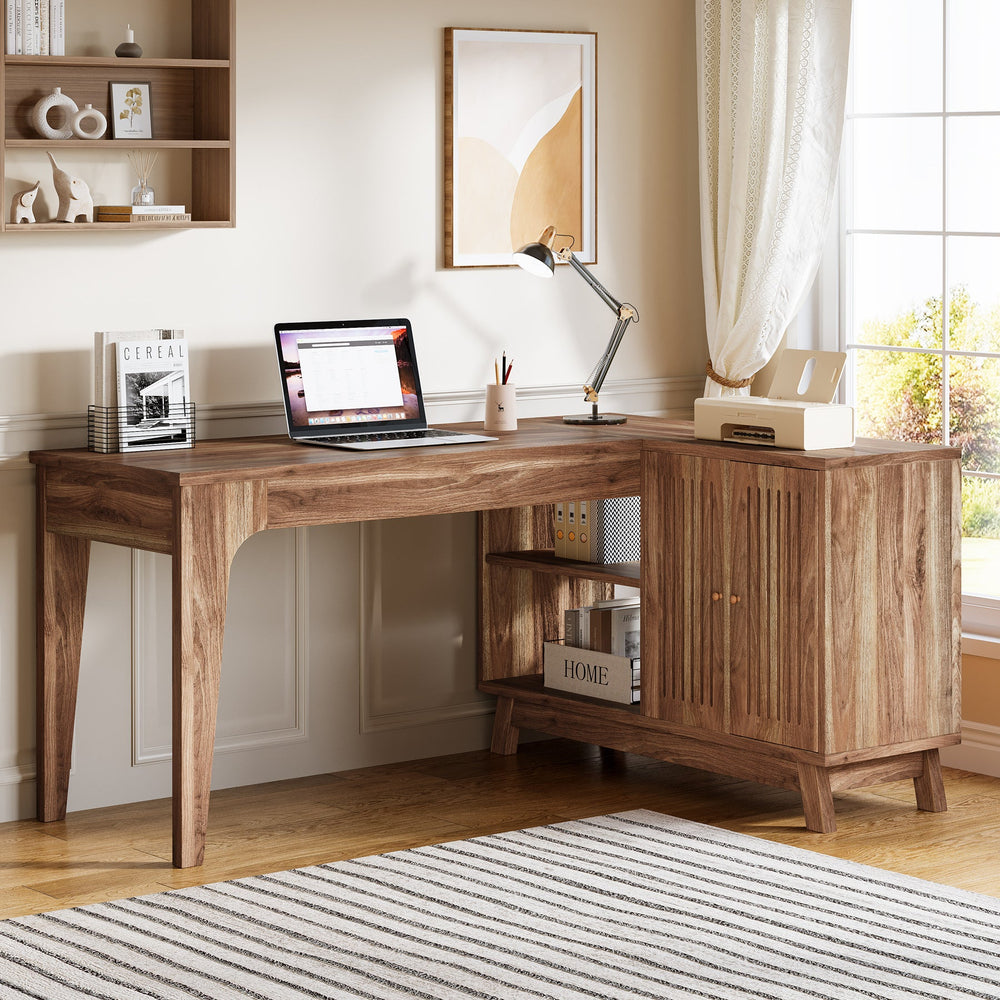 Tribesigns 57" L-Shaped Corner Desk, Wood Computer Desk with Cabinet ...