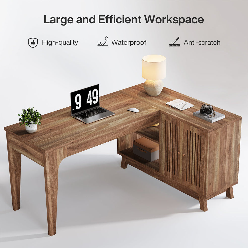 Tribesigns 57" L-Shaped Corner Desk, Wood Computer Desk with Cabinet ...