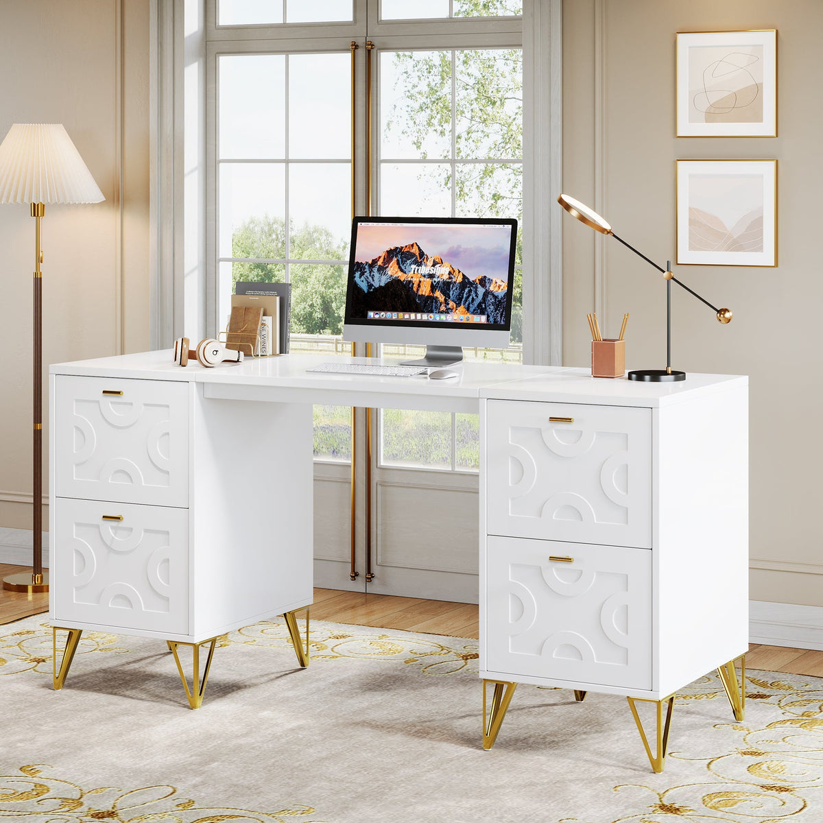 Tribesigns 59" White Executive Desk with File Drawers, Computer Desk