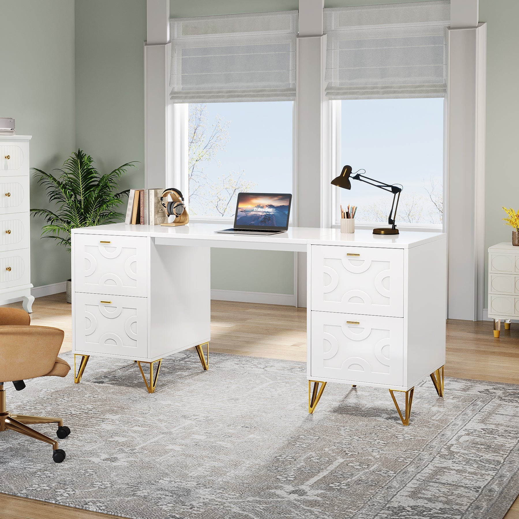 Tribesigns 59" White Executive Desk with File Drawers, Computer Desk