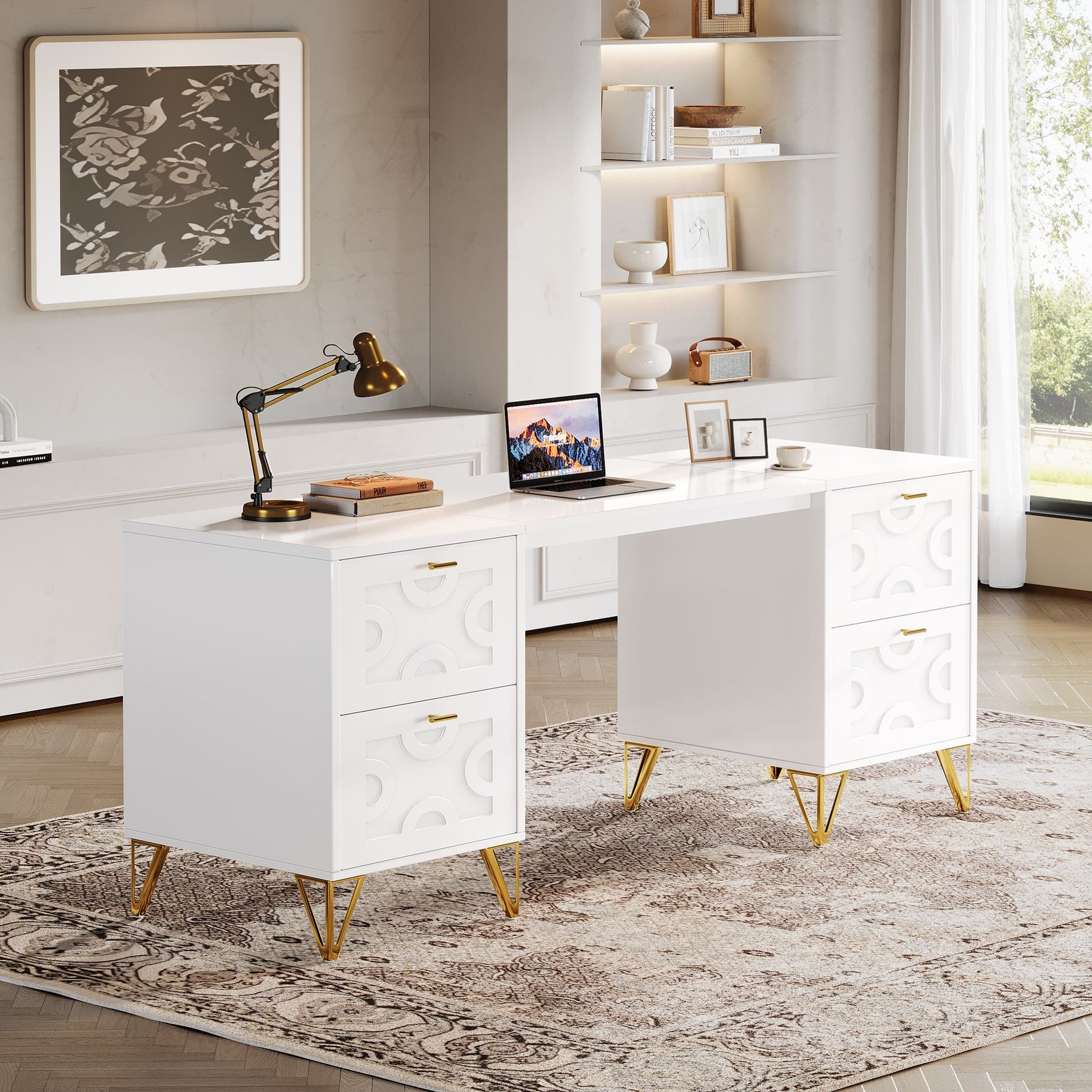 Tribesigns 59" White Executive Desk with File Drawers, Computer Desk