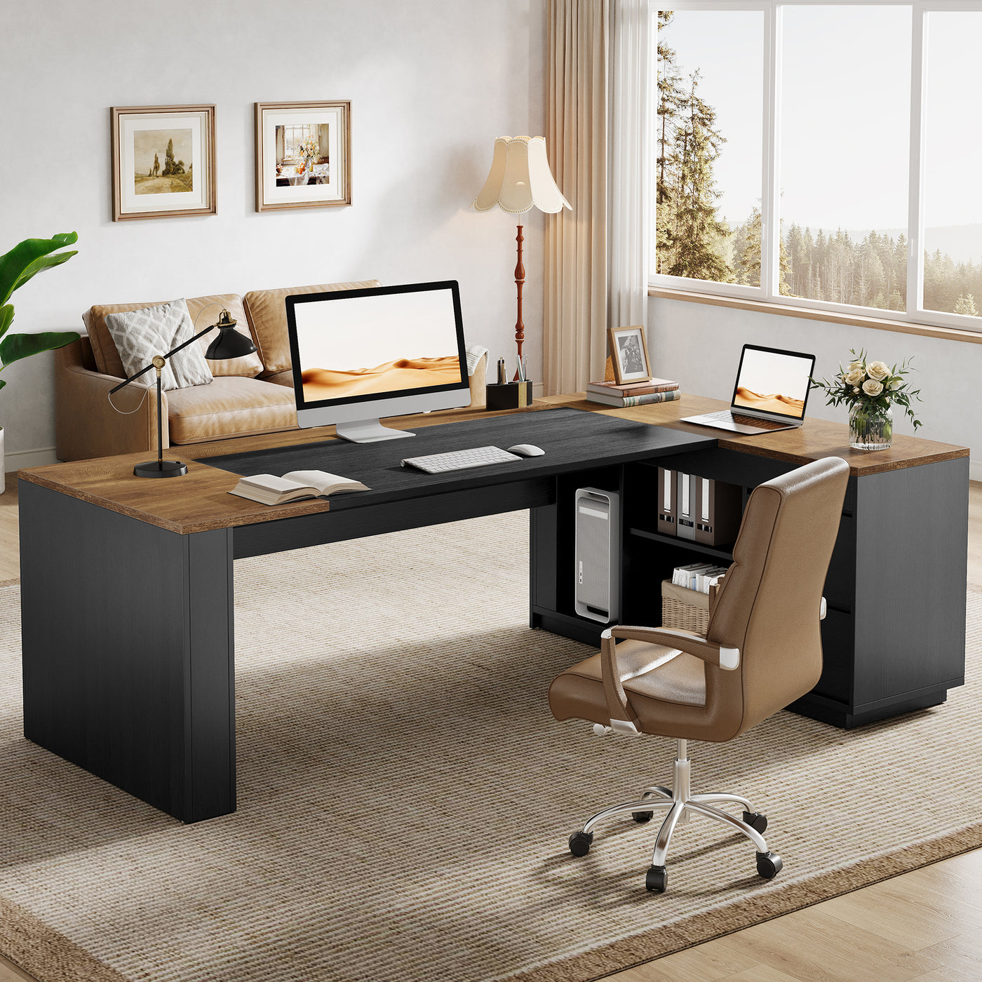 78.7" L-Shaped Executive Computer Desk with Cabinet and Shelves-Tribesigns