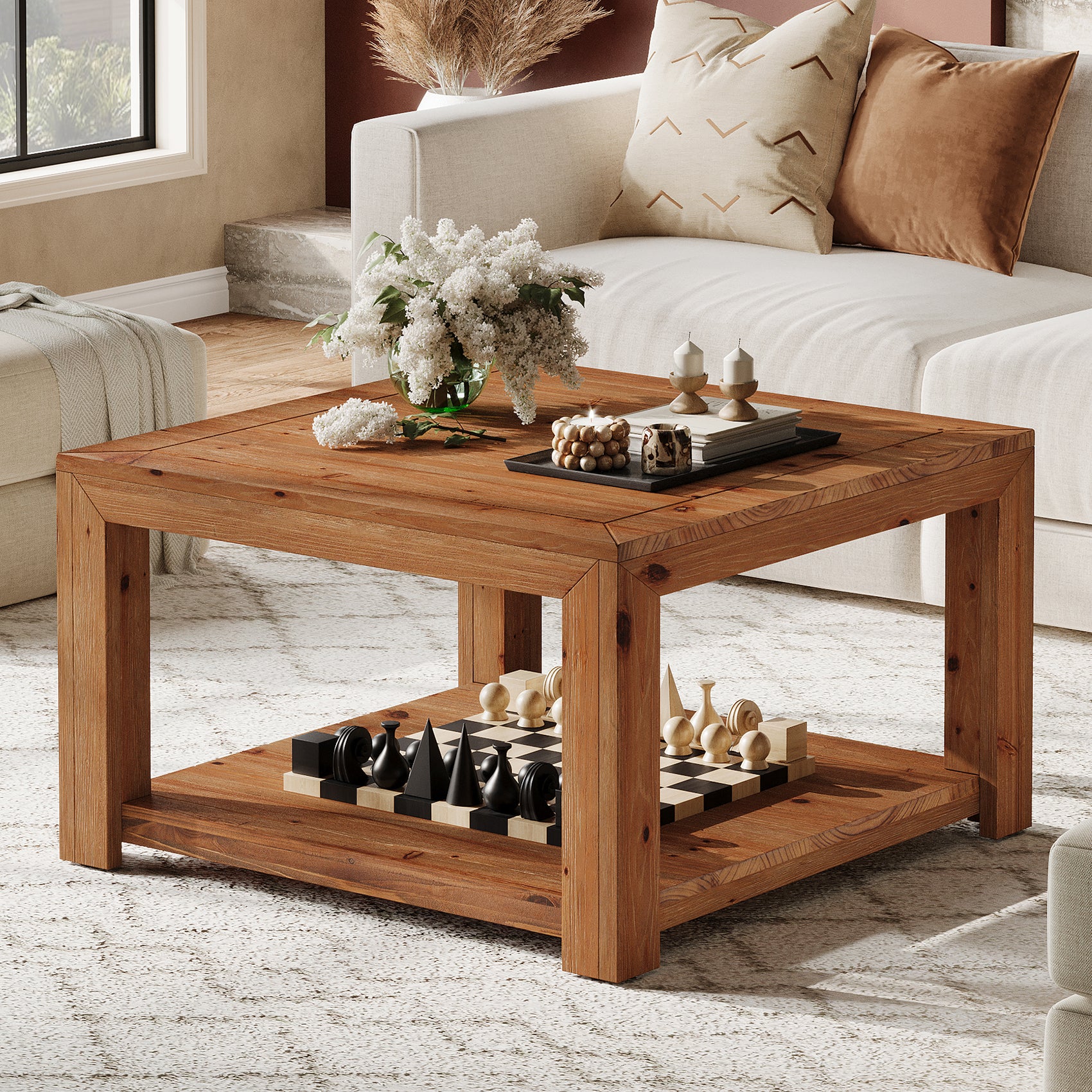 31.5" Solid Wood Coffee Table, Square Center Table with 2-Tier Shelf ...