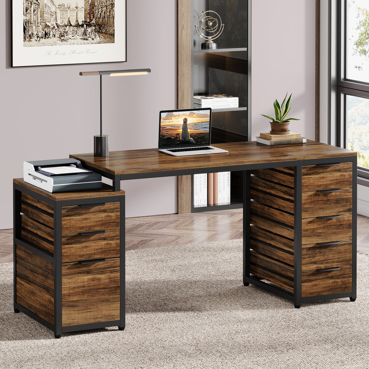 Tribesigns 63" Computer Desk, Study Writing Table with File Cabinet