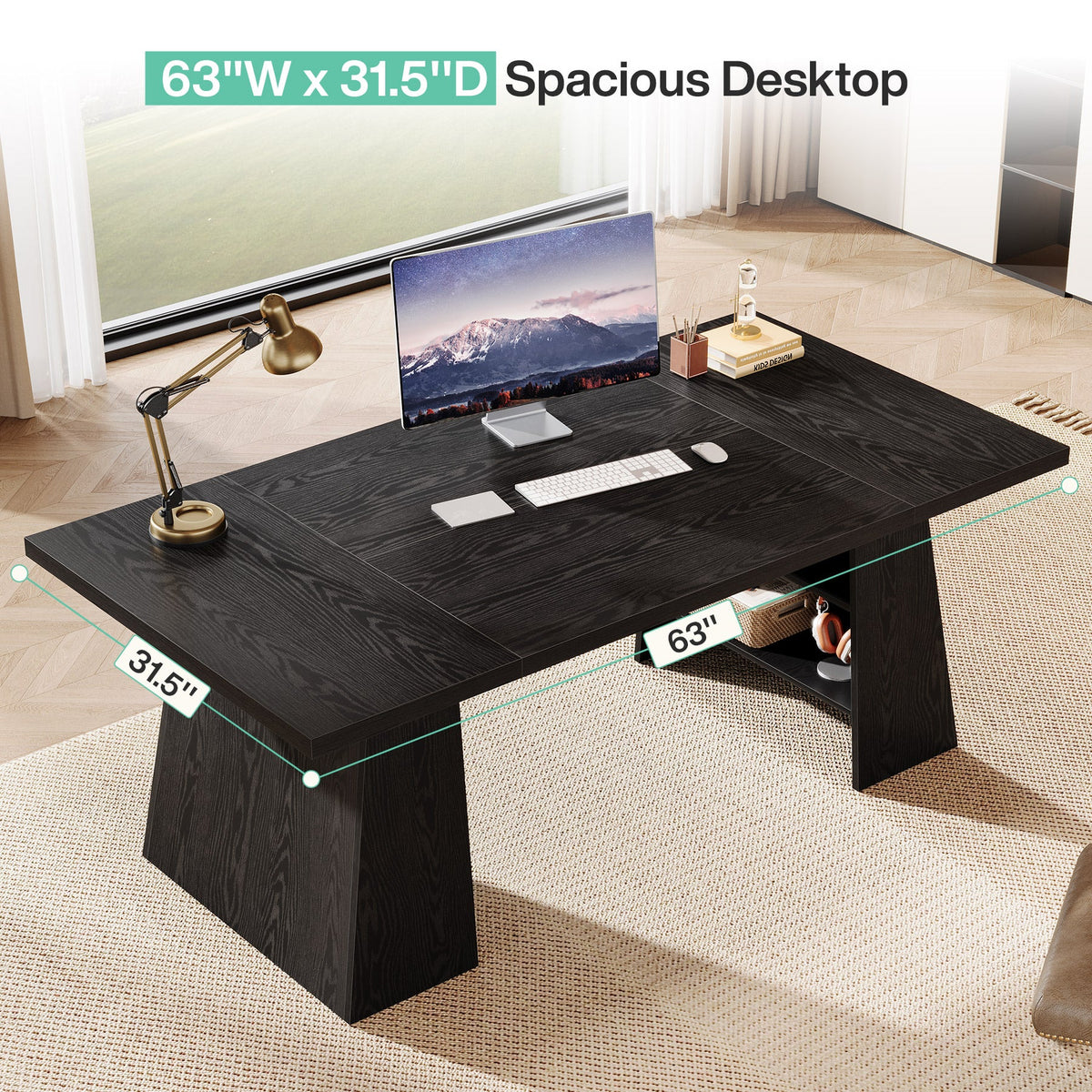 63" Executive Desk, Modern Computer Desk with Storage Shelves-Tribesigns