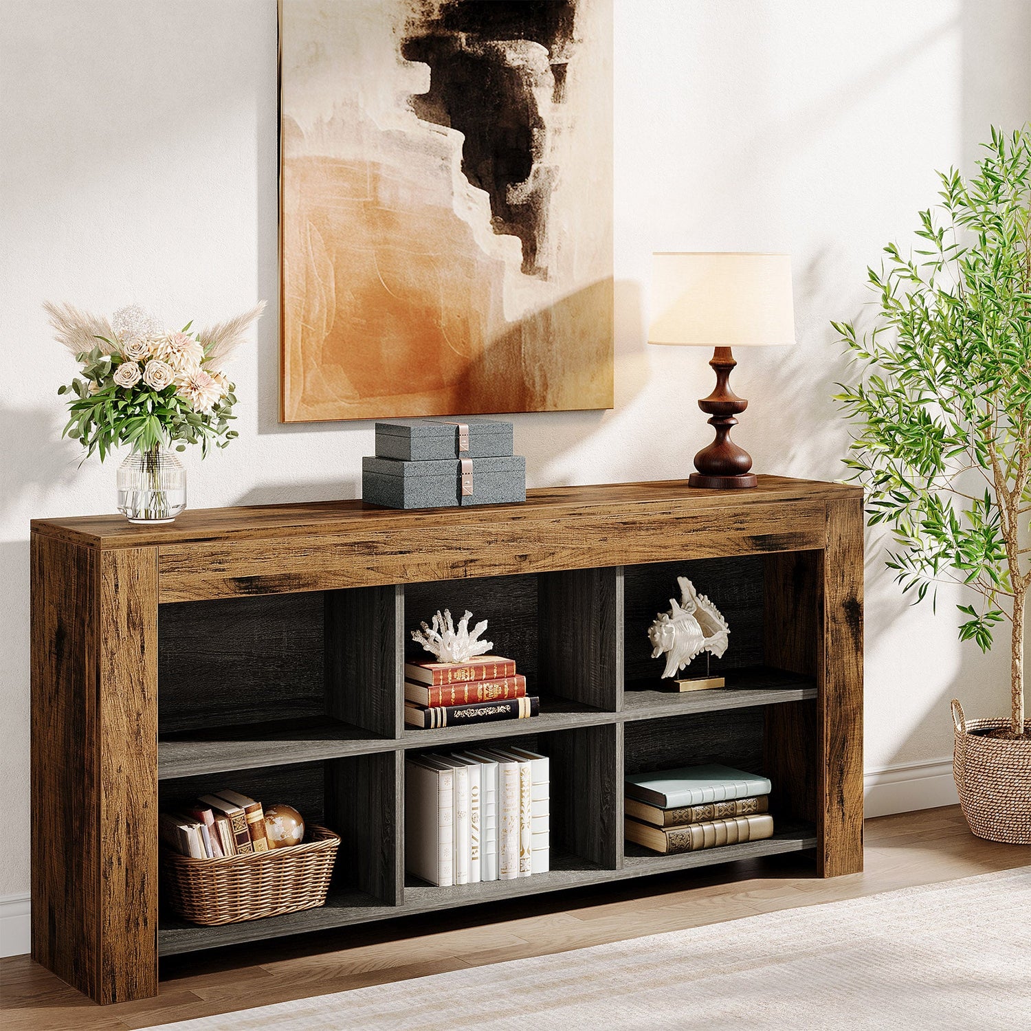 Horizontal Bookshelf, 63" Low Horizontal Storage Shelf-Tribesigns