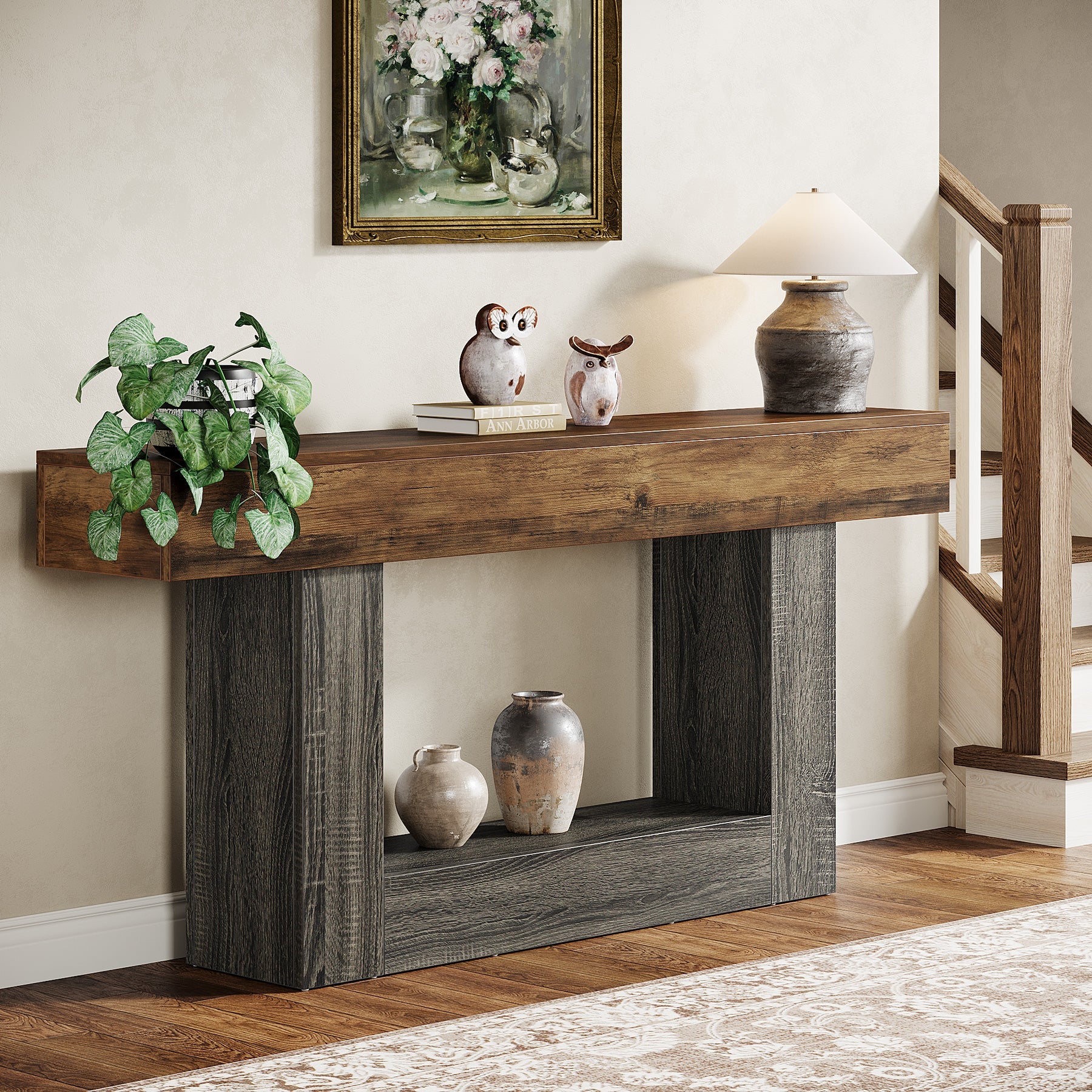 63" Wooden Console Table, 2-Tier Rustic Entryway Table-Tribesigns