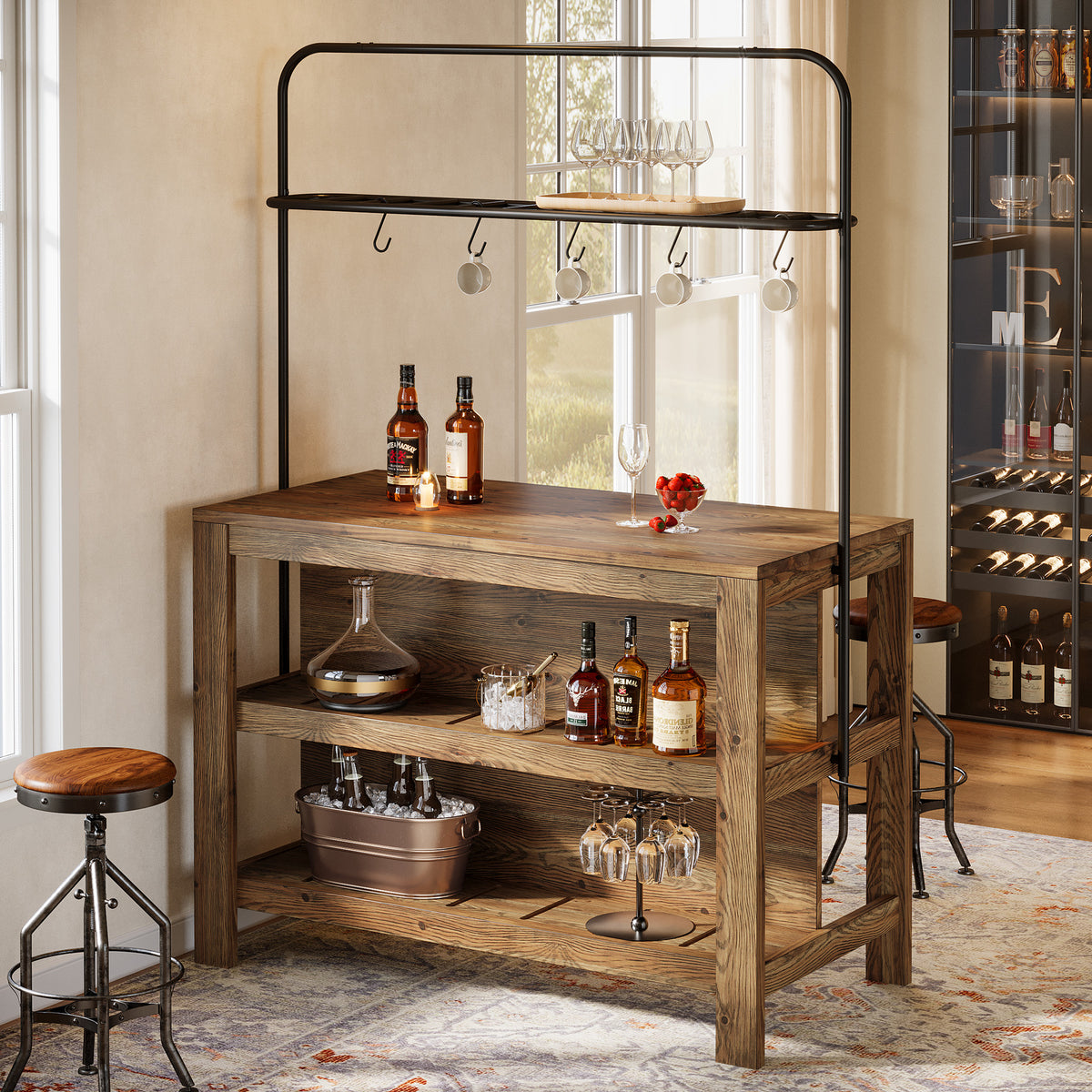 47" Solid Wood Bar Table, 3-Tier Home Bar Unit with Shelves & 5 Hooks ...