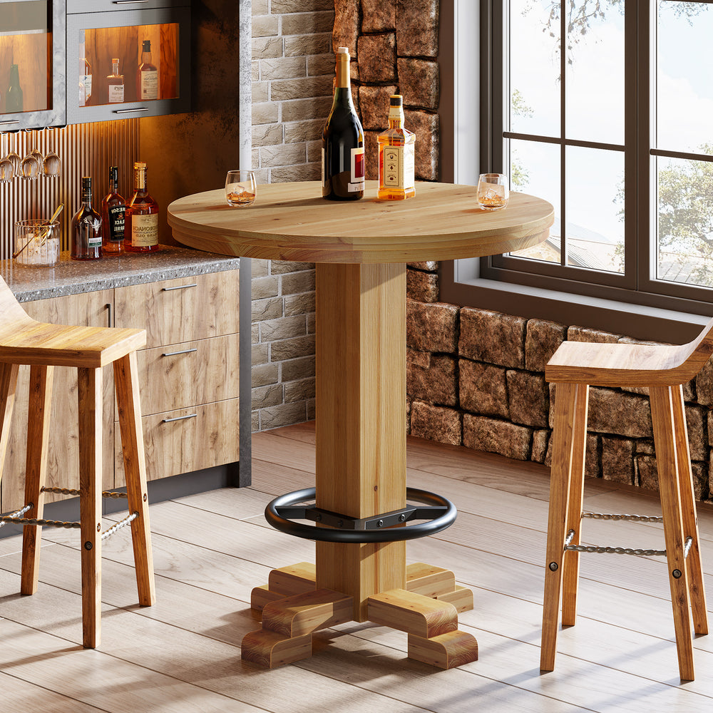 Solid Wood Round Bar Table, 37.4" Bistro Pub Table with Metal Footrest ...