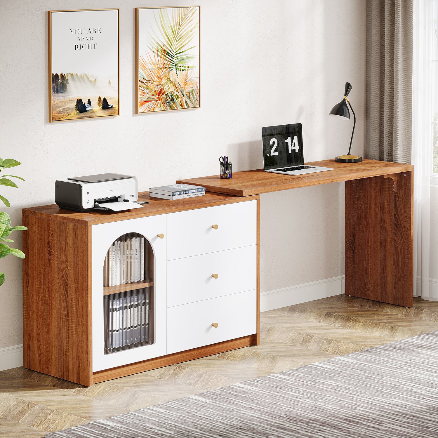 Desk with Filing Cabinet Drawer, Reversible L-Shaped Desk-Tribesigns