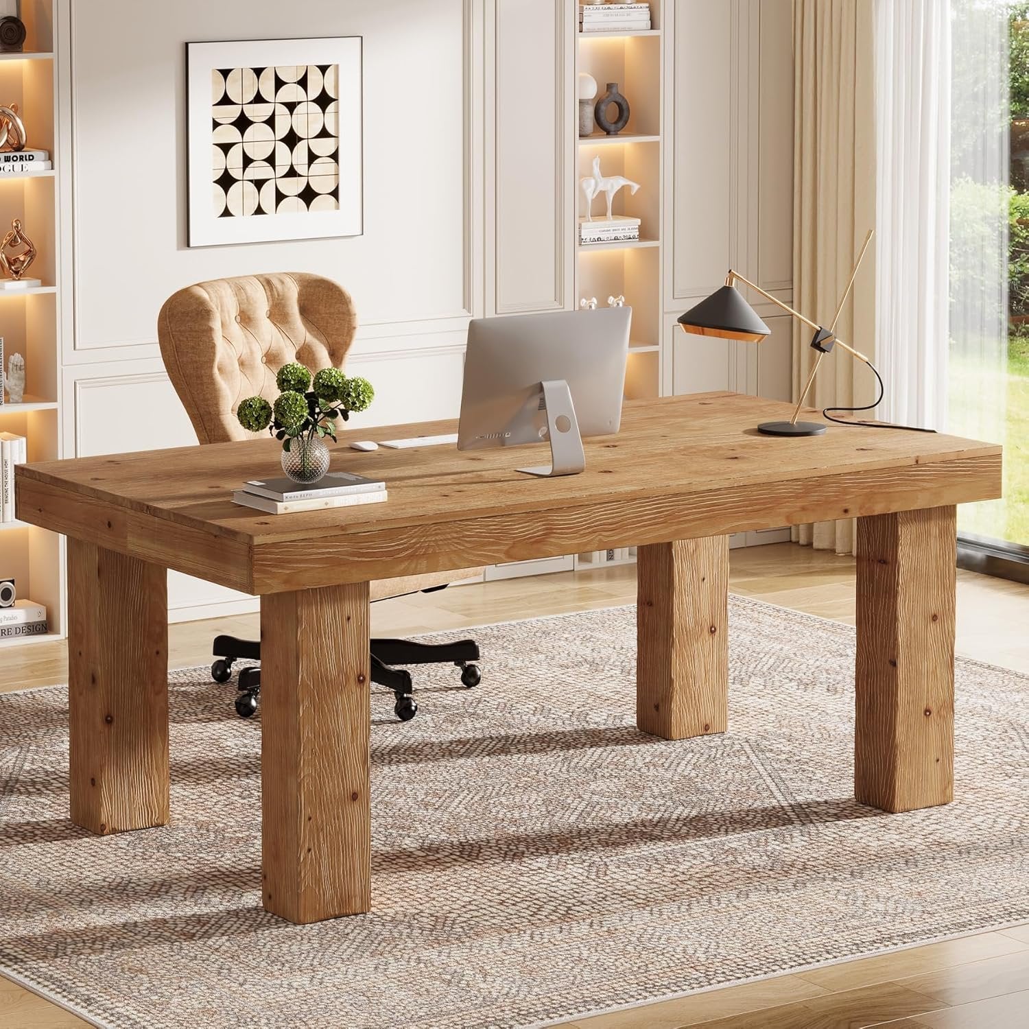 63" Executive Desk, Wood Office Computer Desk with Sturdy Wooden Legs ...