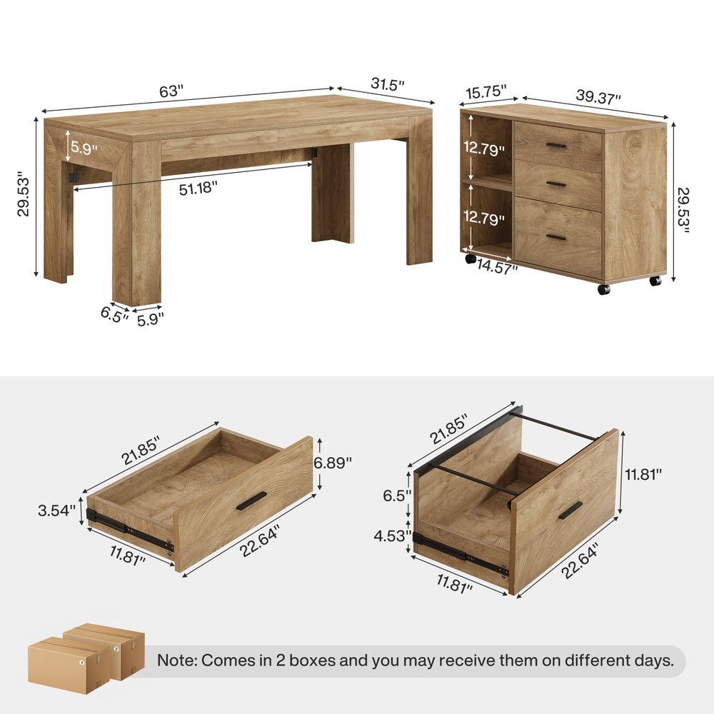 63" L-Shaped Desk, Executive Desk with Mobile Lateral File Cabinet ...