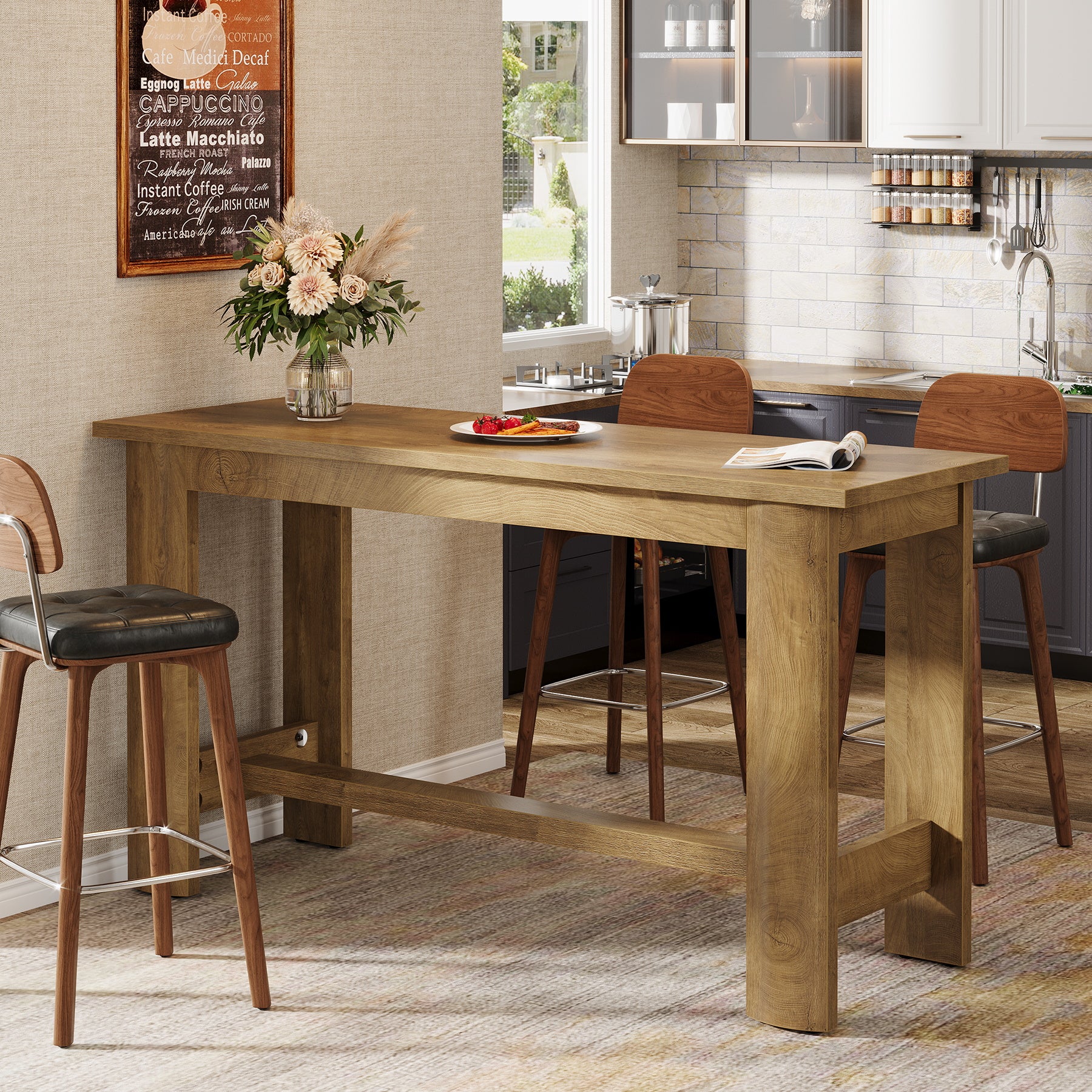 63" Rectangular Bar Table, Counter Height Pub Table Coffee Bar Unit ...
