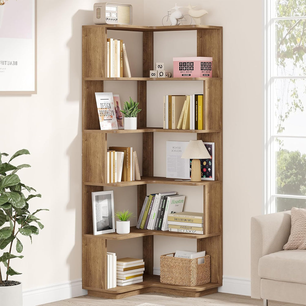 65" L-Shaped Bookshelf, 6-Tier Corner Bookcase with Anti-Drop Panel ...