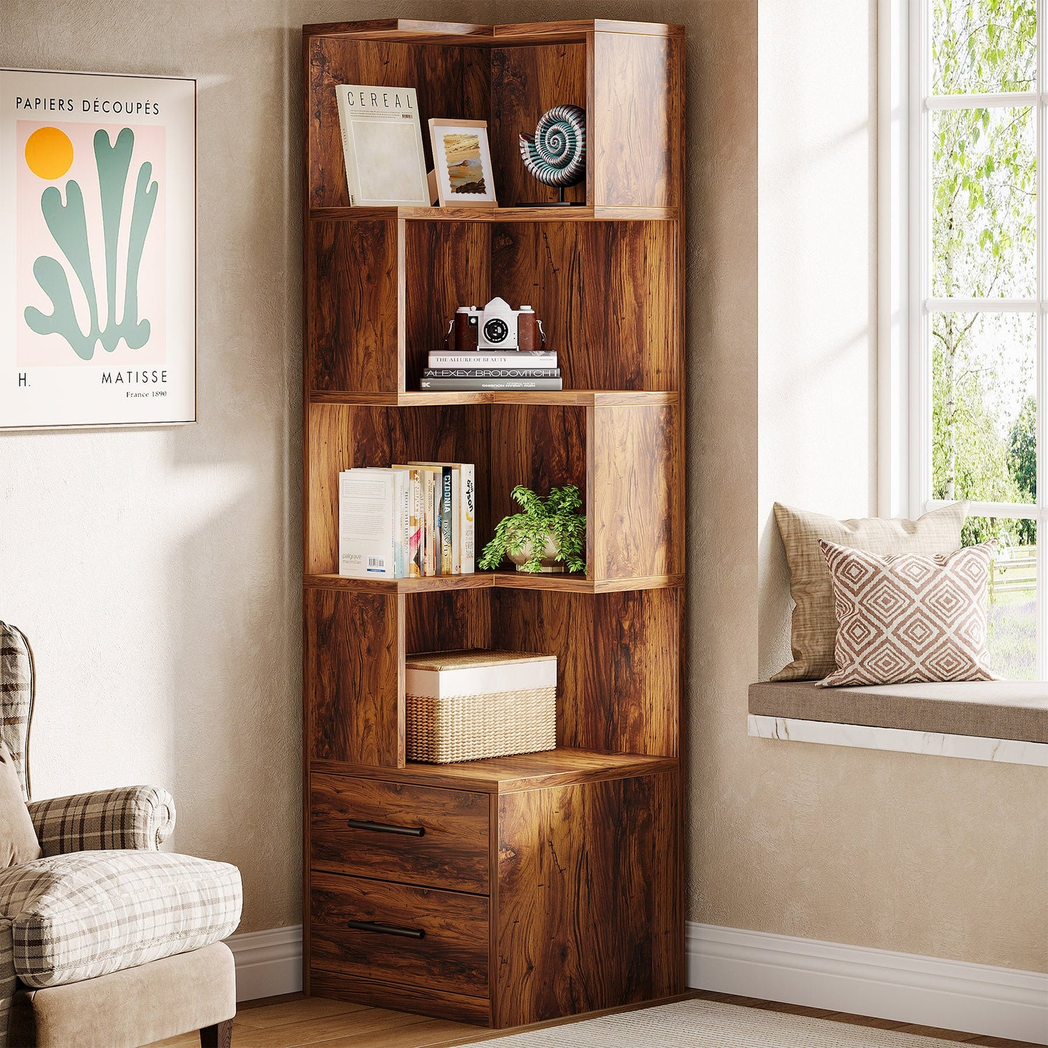 66.9" L-Shaped Corner Bookshelf, 5-Tier Bookcase With Drawers-Tribesigns