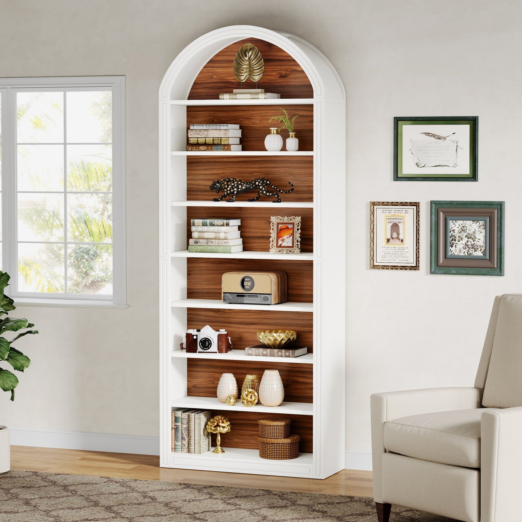 6/8-Tier Wooden Arched Bookcase Display Shelving Unit-Tribesigns