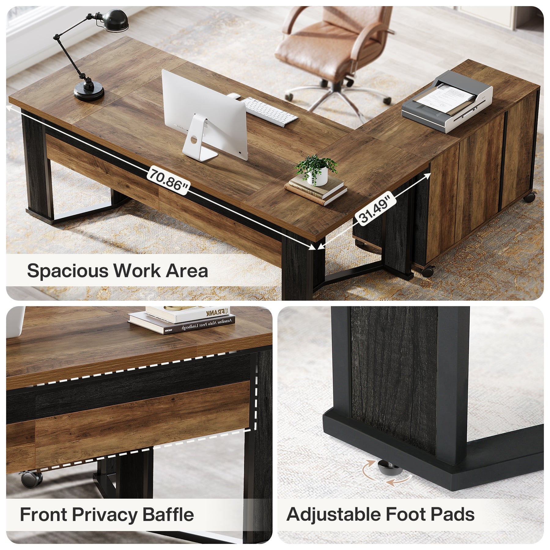 Tribesigns 70.8" Executive Desk L-Shaped Office Desk with File Cabinet