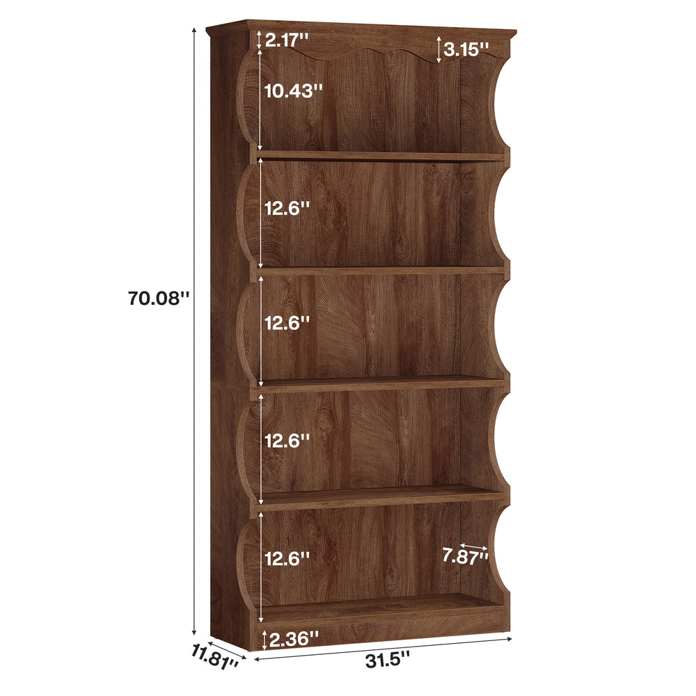 70" Bookcase, 5-Tier Bookshelf Display Shelves with Curved-Edge Design ...