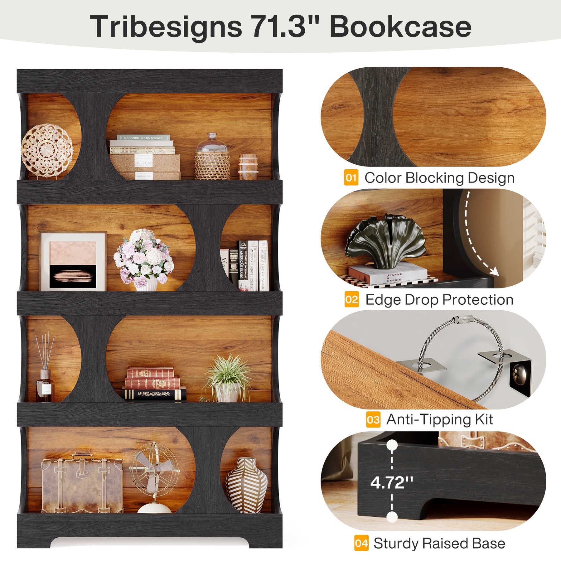 Tribesigns 71" Bookshelf, 4-Tier S-Shaped Bookcase Display Shelves