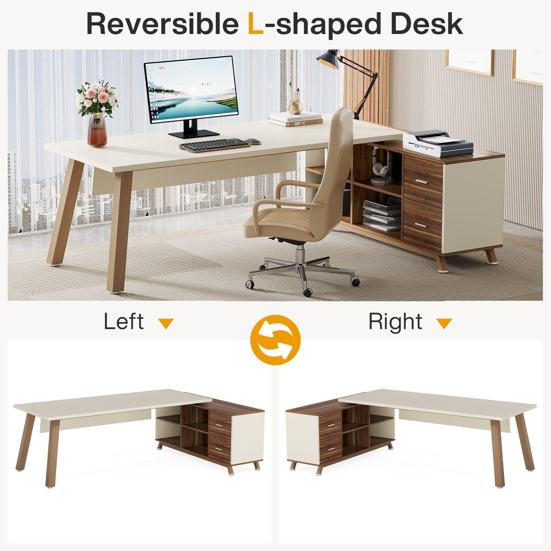 Tribesigns 71" Executive Desk L-Shaped Computer Desk with File Cabinet