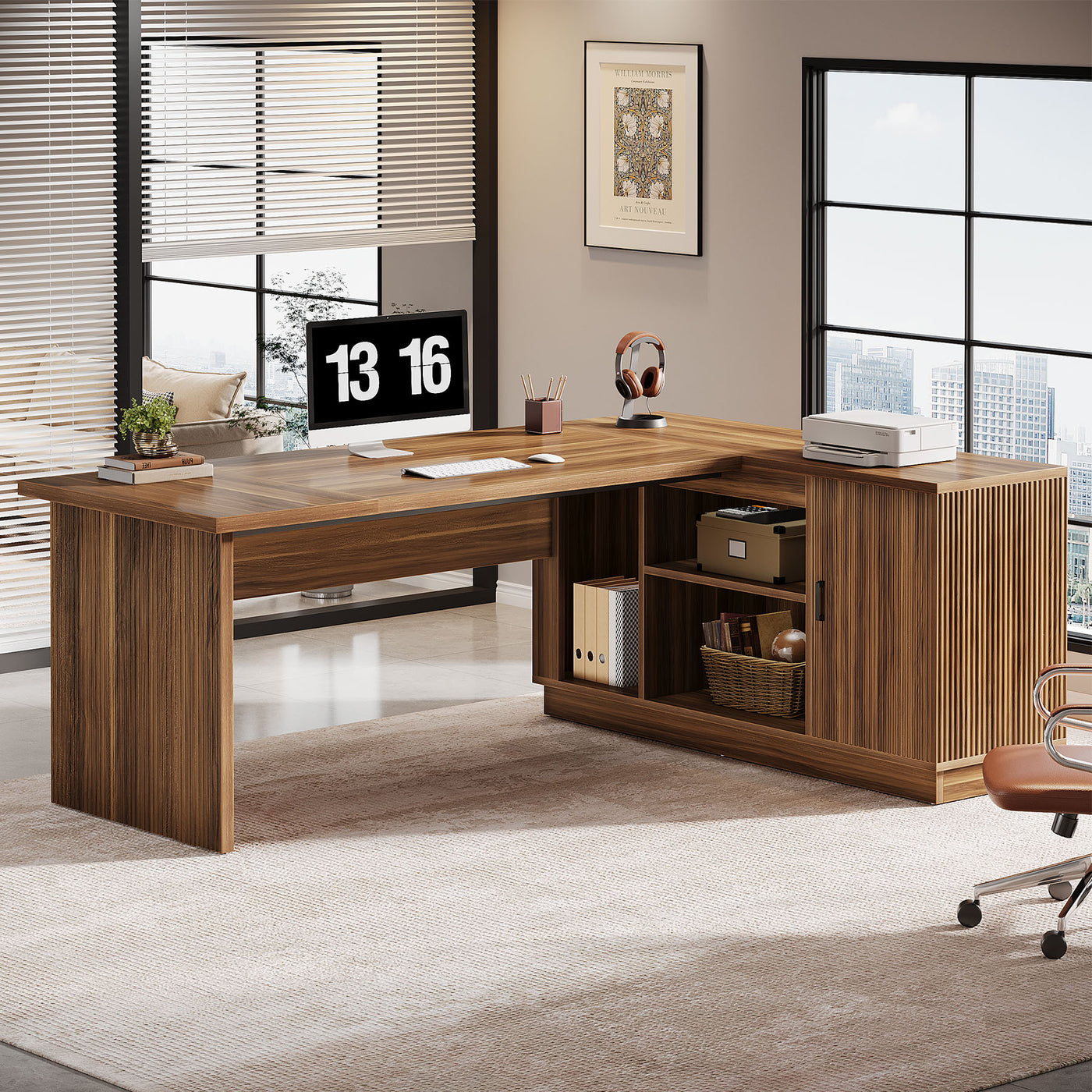 71" Executive Desk, L-Shaped Office Computer Table with File Cabinet ...