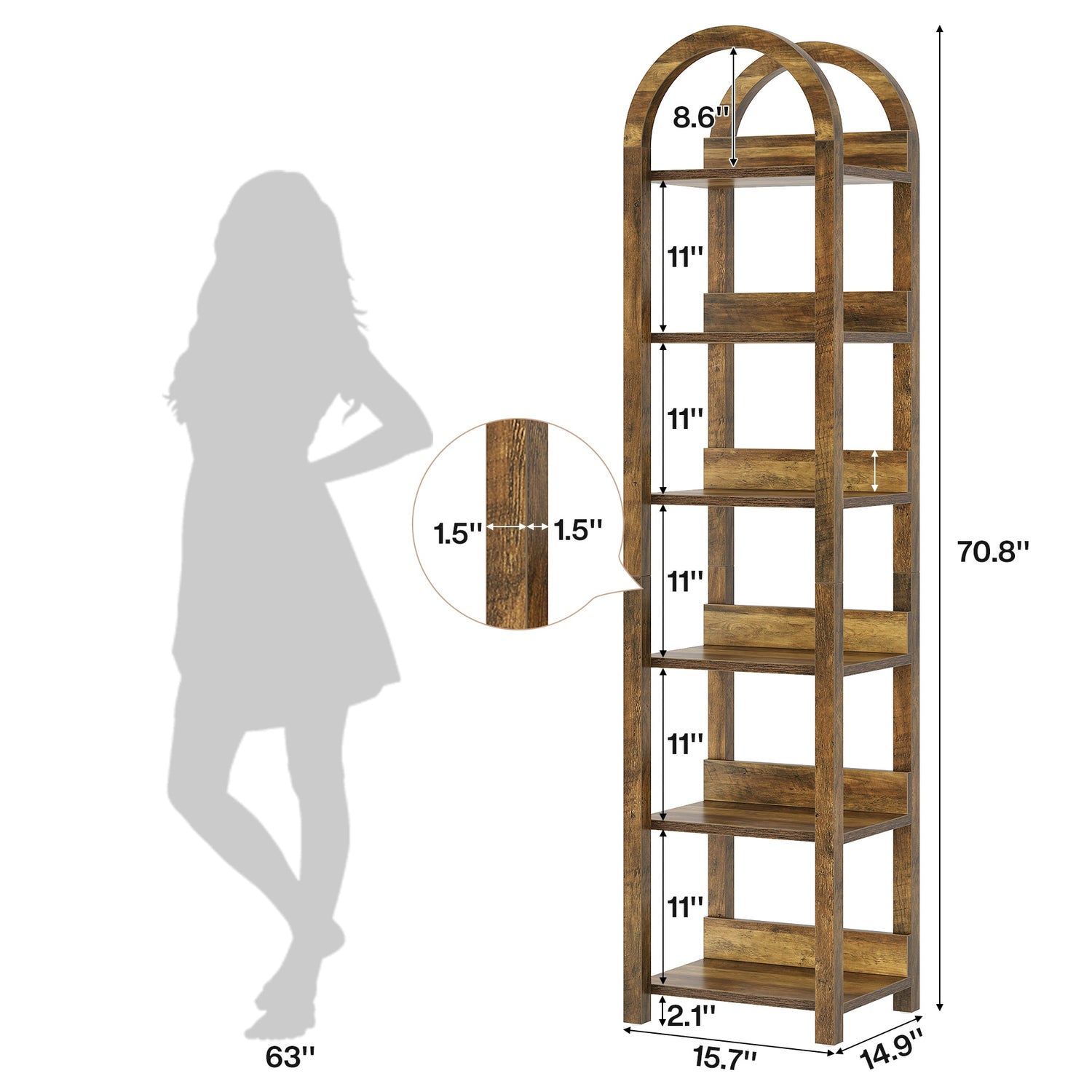 6-Tier Tall and Narrow Bookshelf, Narrow Arched Bookcase-Tribesigns