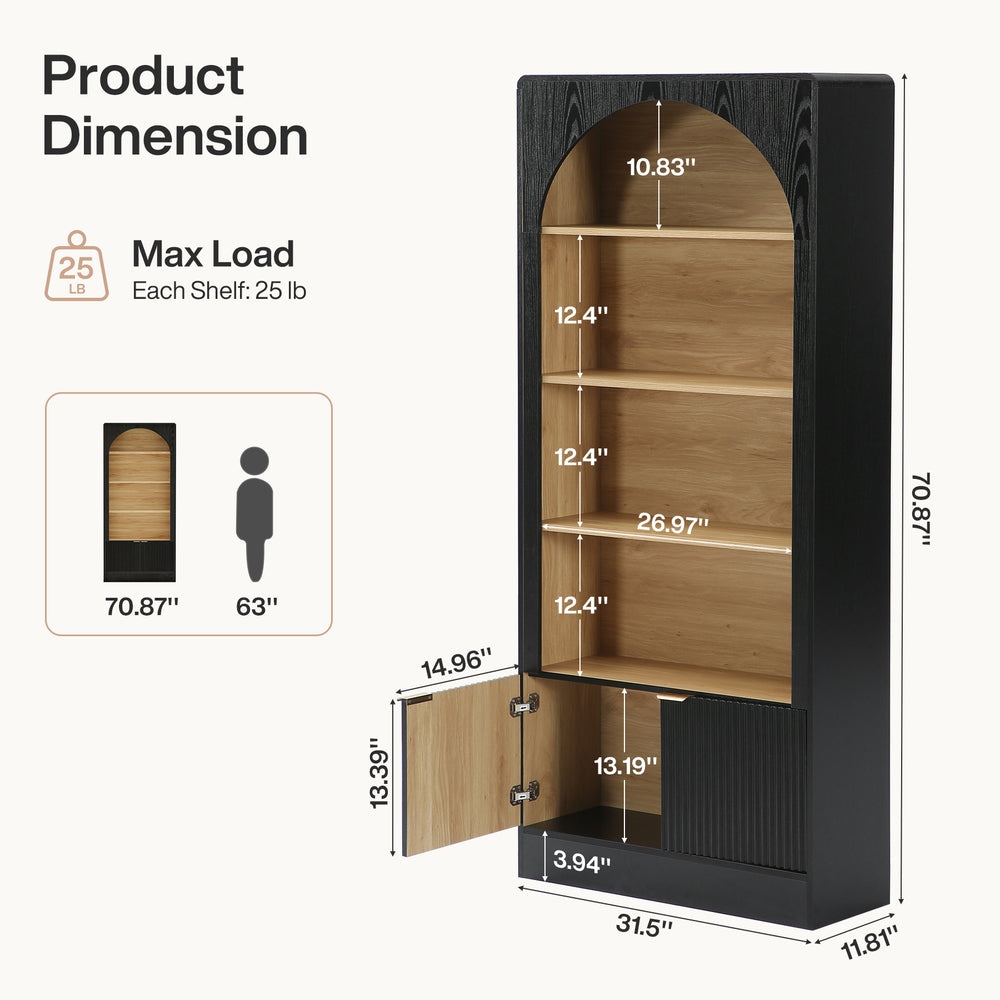71" Tall Bookcase, 5-Tier Arched Bookshelf with Storage Cabinet-Tribesigns
