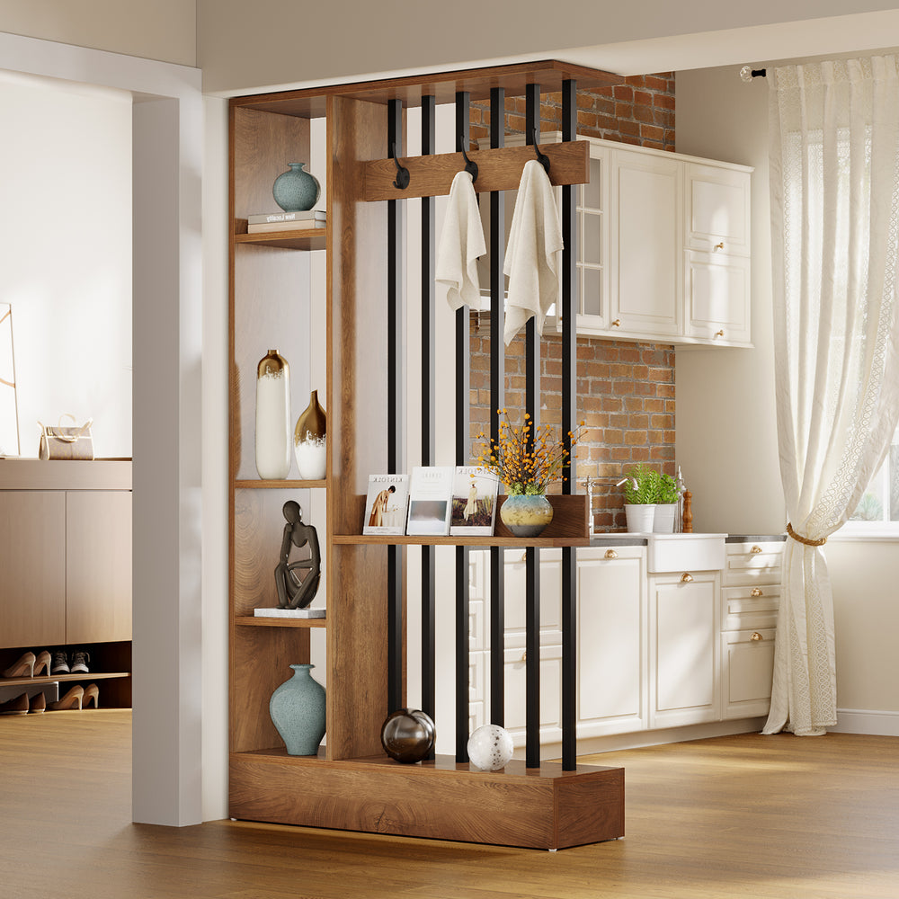 71" Wall Room Divider, Wood Wall Partition Bookcase with Coat Hooks ...