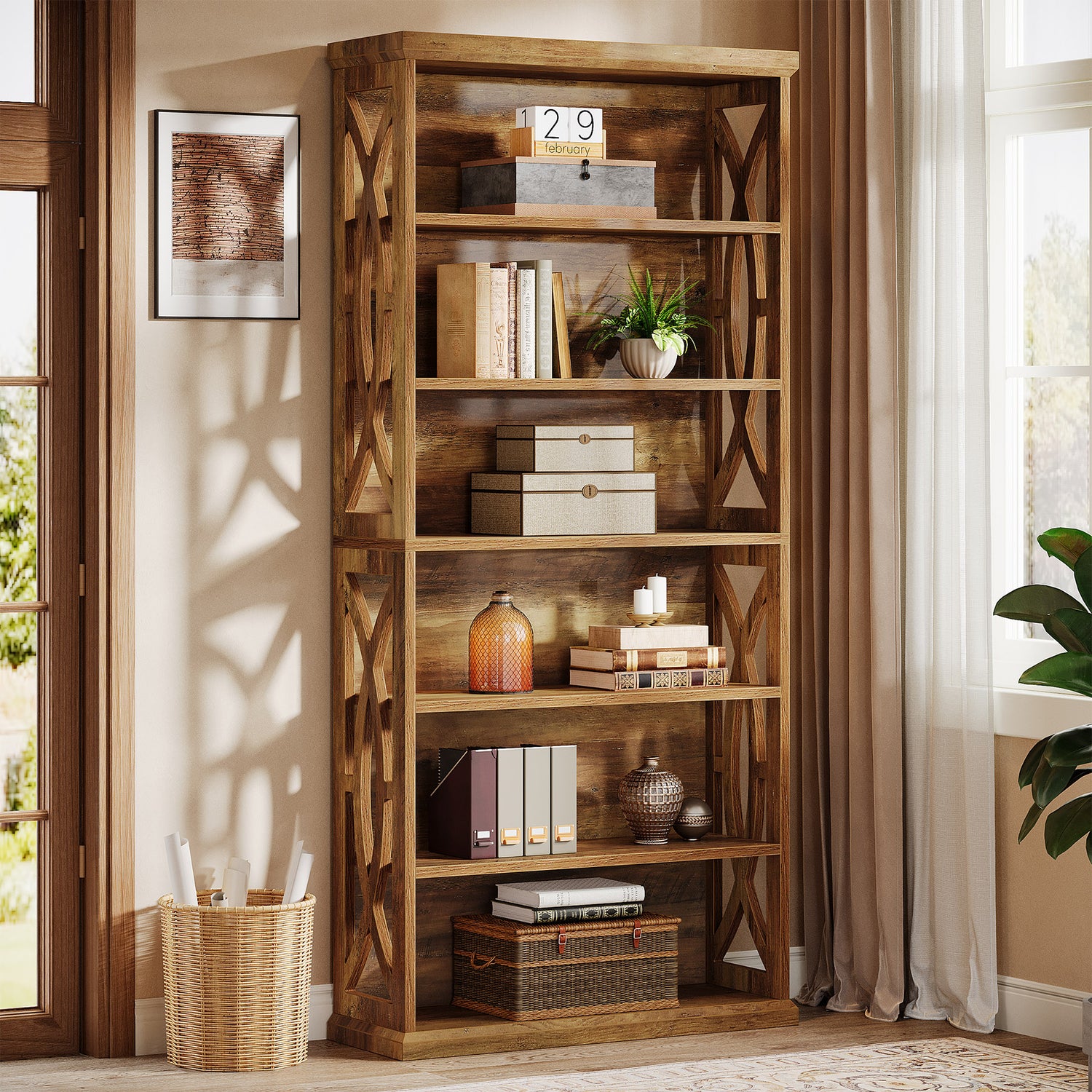 71" Wooden Bookshelf, 6-Tier Freestanding Bookcase Display Shelves ...