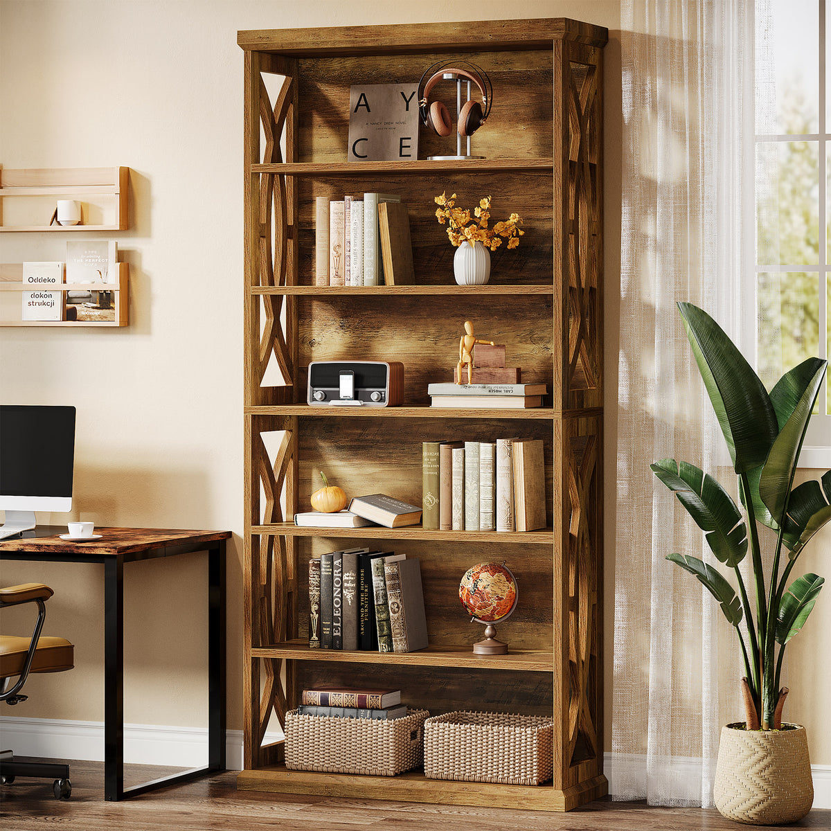 71" Wooden Bookshelf, 6-Tier Freestanding Bookcase Display Shelves ...