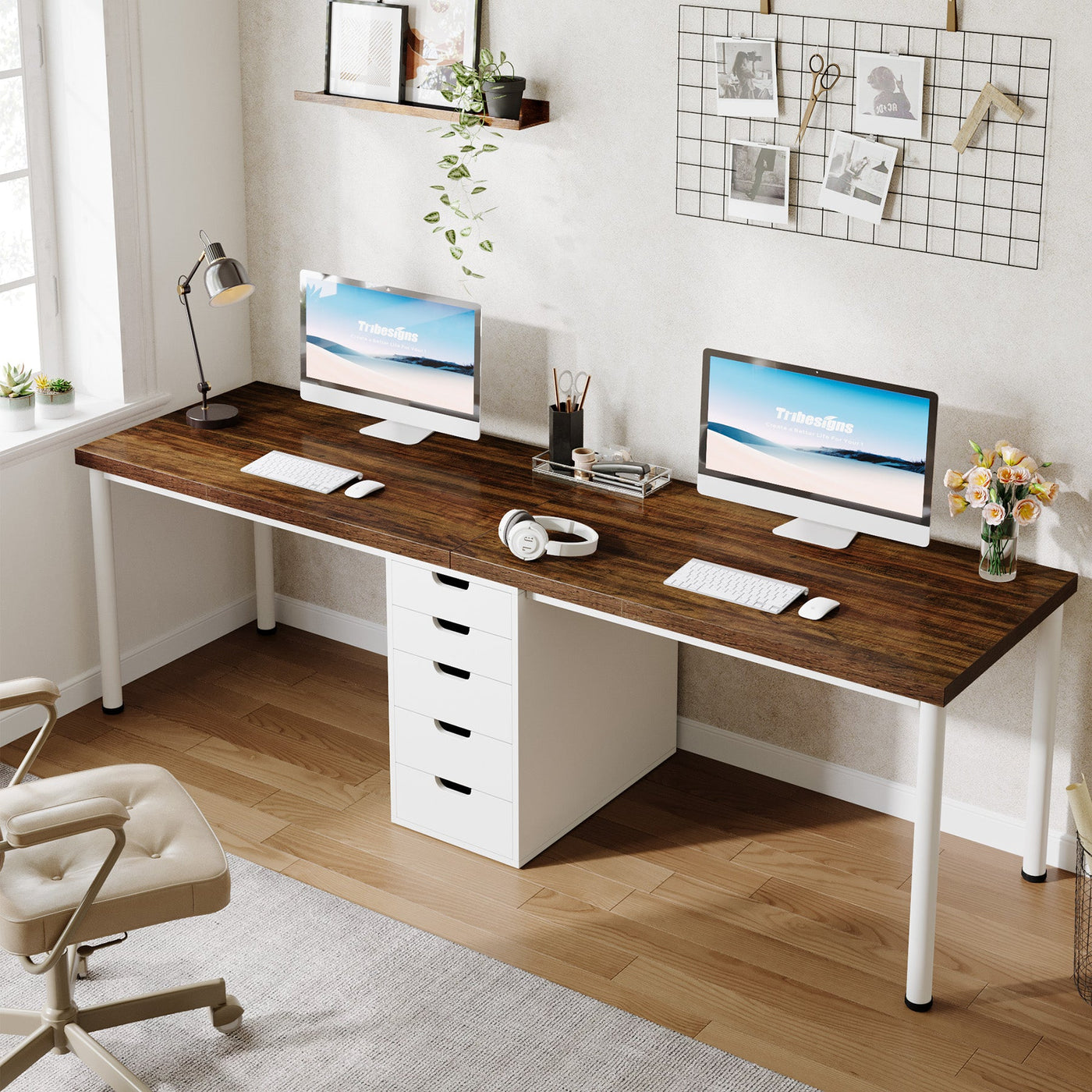 Tribesigns 78.7" Two Person Desk, Long Computer Desk with 5 Drawers ...