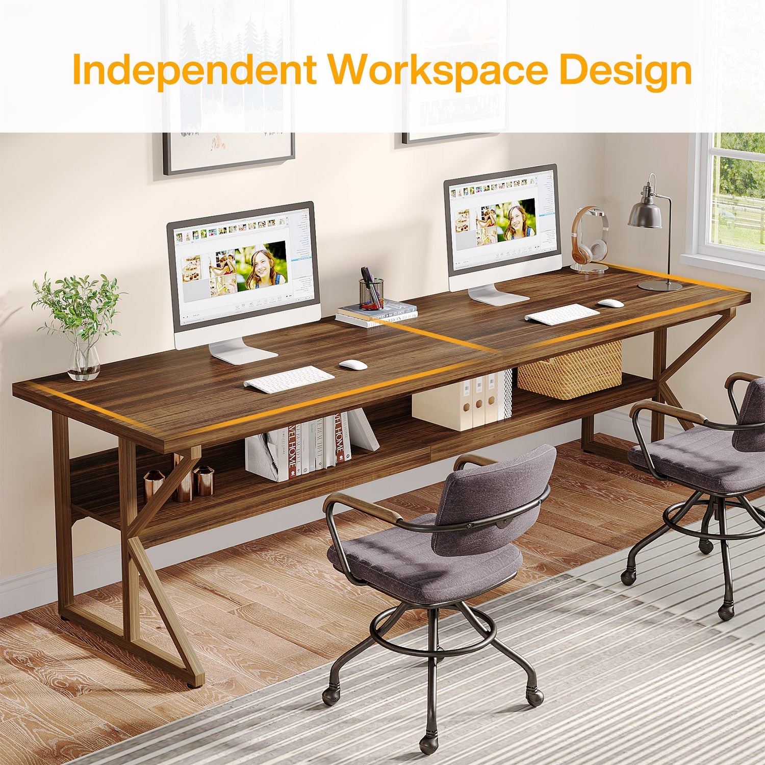 Tribesigns 78" Two Person Desk, Large Computer Desk with Storage Shelf ...
