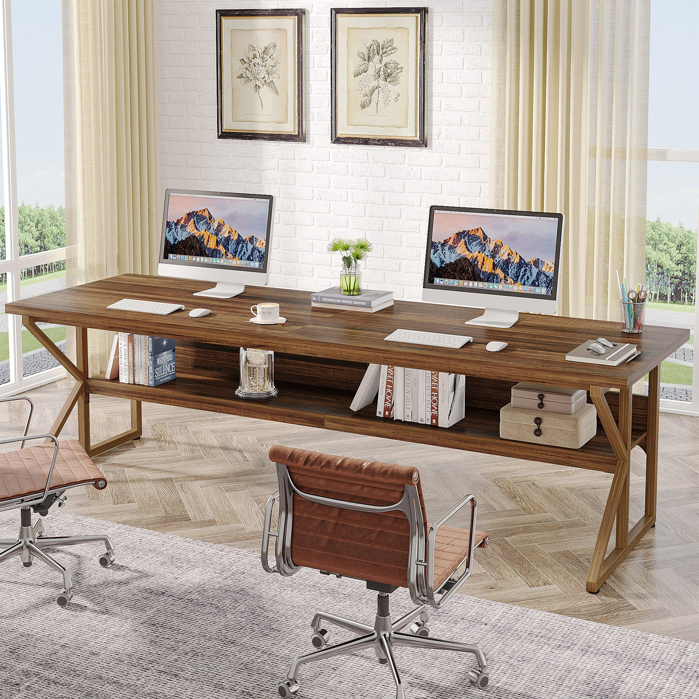 Tribesigns 78" Two Person Desk, Large Computer Desk with Storage Shelf