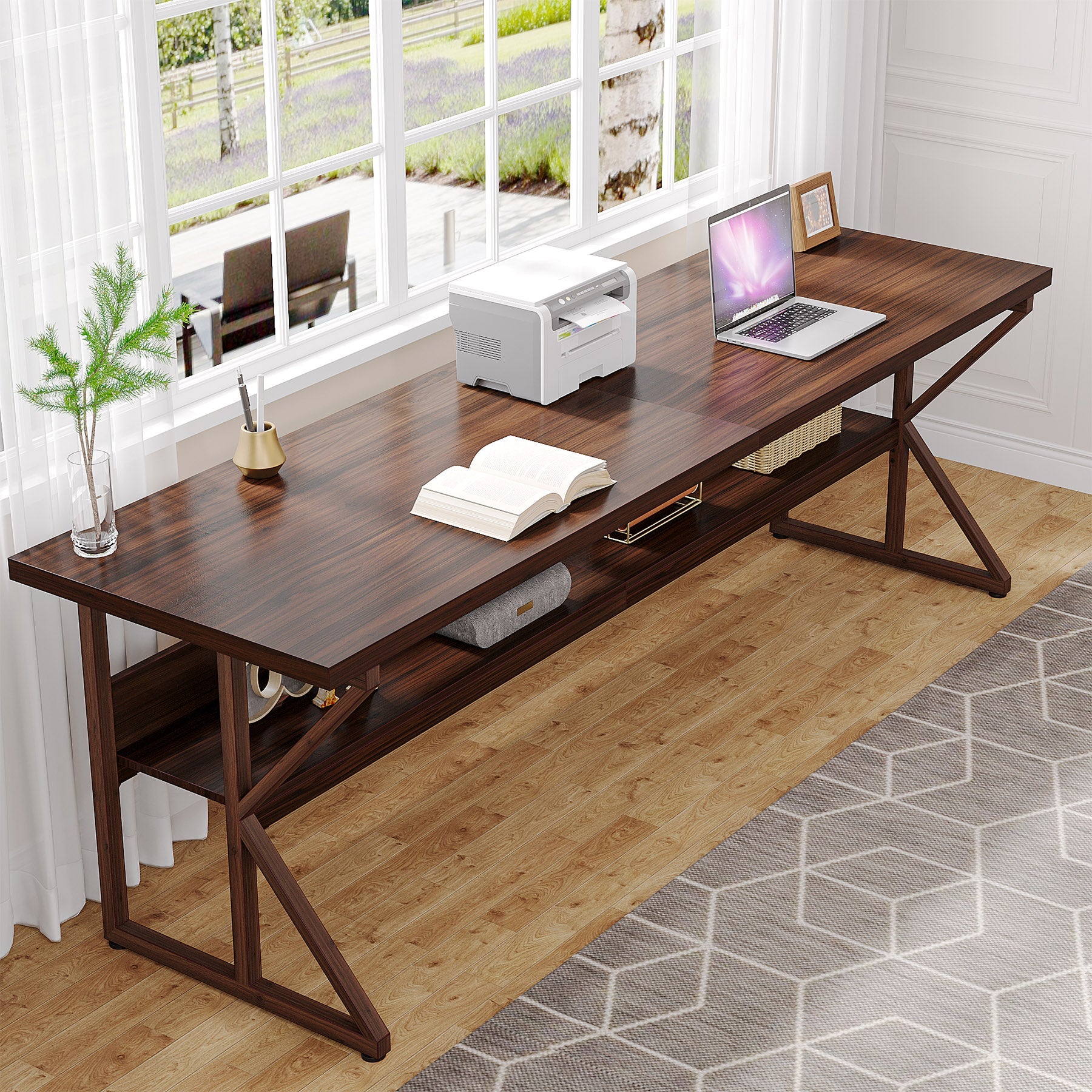 Tribesigns 78" Two Person Desk, Large Computer Desk with Storage Shelf