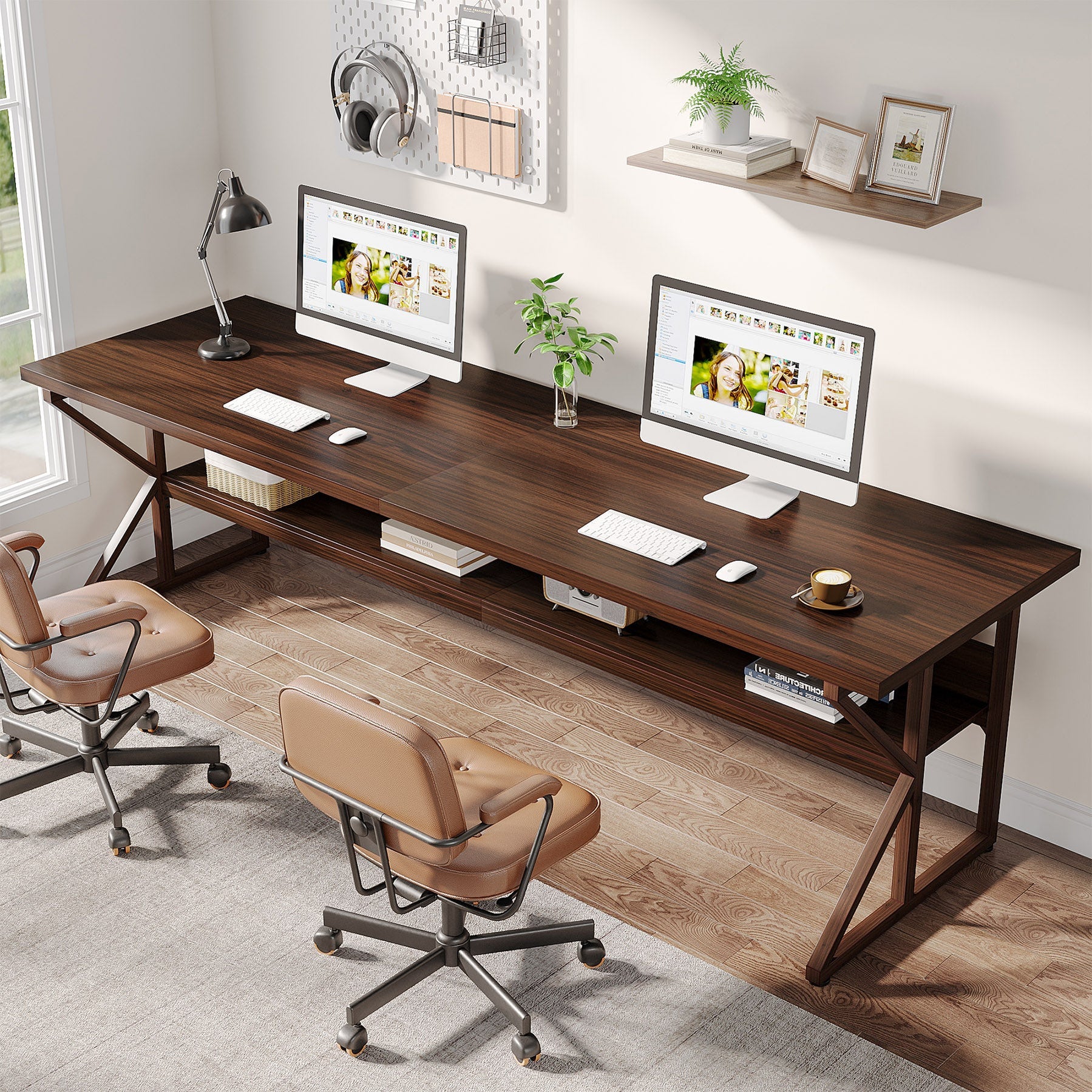 Tribesigns 78" Two Person Desk, Large Computer Desk with Storage Shelf