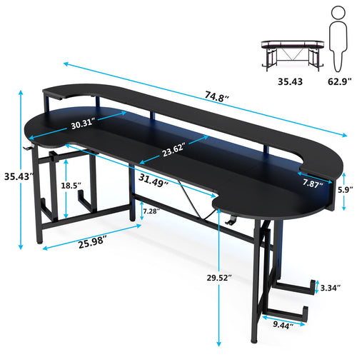 Tribesigns 75" Gaming Computer Desk with LED Strip & Monitor Shelf ...