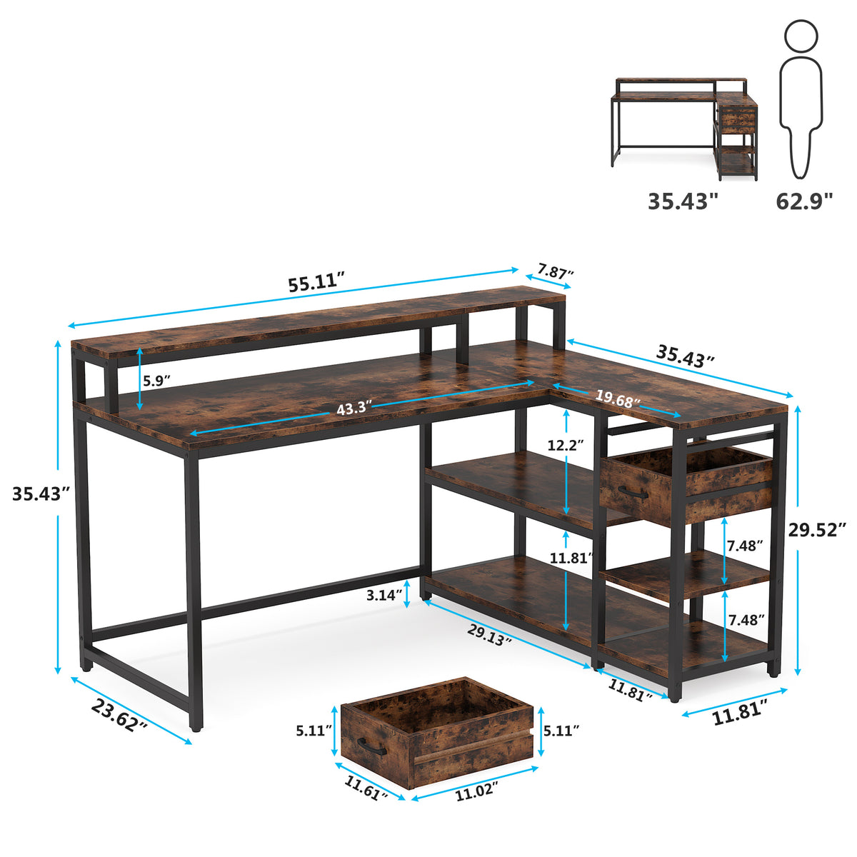 Industrial Metal Desk with Drawer, Corner Desk and Shelves-Tribesigns