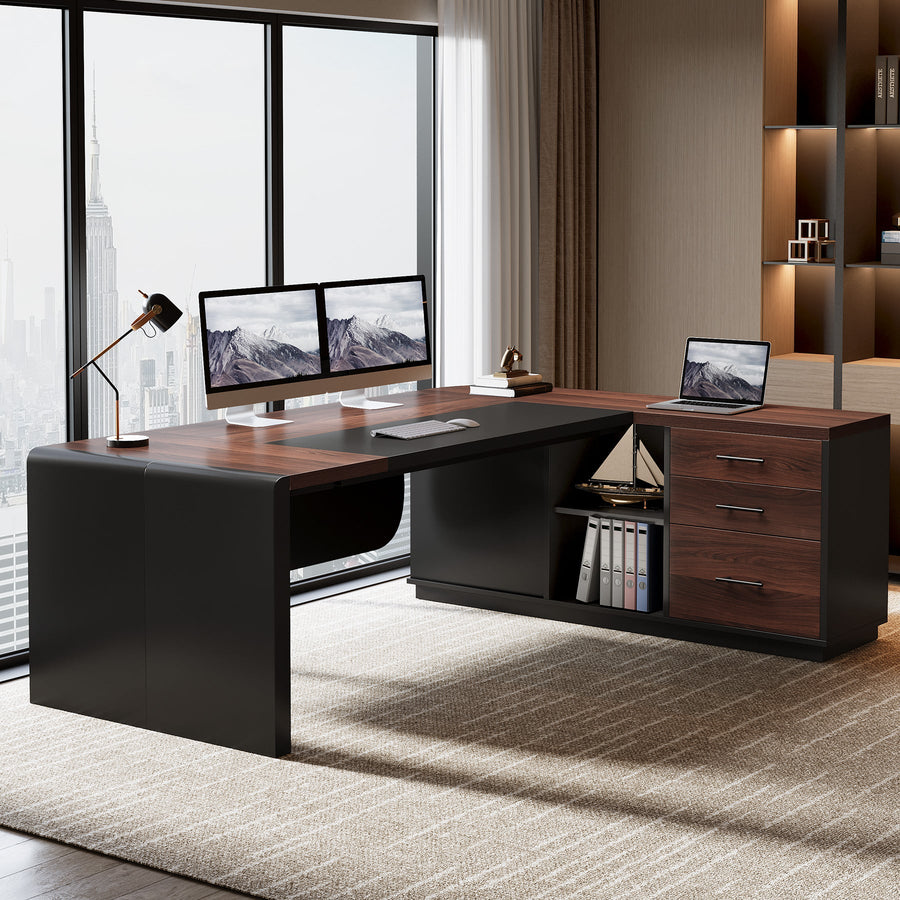 80 Inch Desk, L Shape Executive Desk With Drawers-Tribesigns