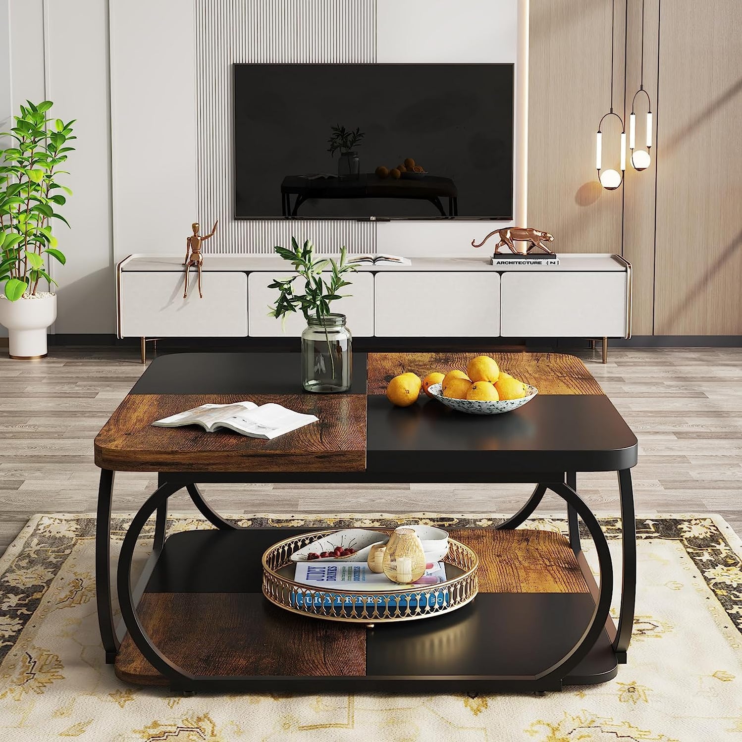 Tribesigns Coffee Table, 39" Square Cocktail Table with 2-Tier Shelves