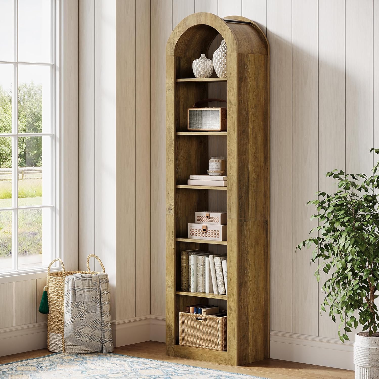 74.8" Arched Bookshelf, 6-Tier Narrow Open Bookcase Display Shelf ...