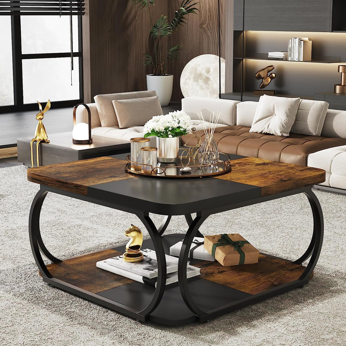Tribesigns Coffee Table, 39" Square Cocktail Table with 2-Tier Shelves