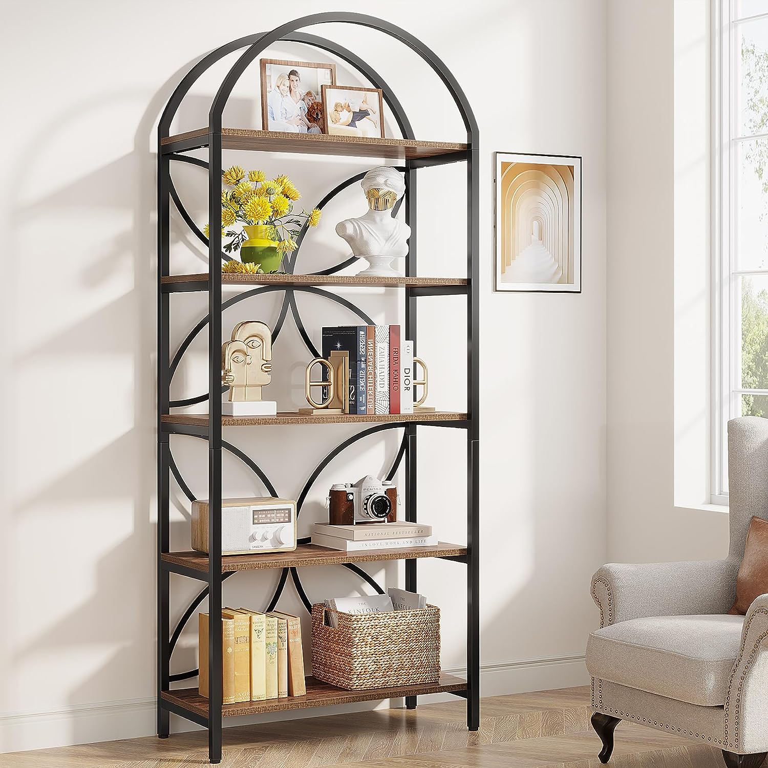Tribesigns 5-Tier Bookshelf, 75" Tall Arched Bookcase Display Rack ...