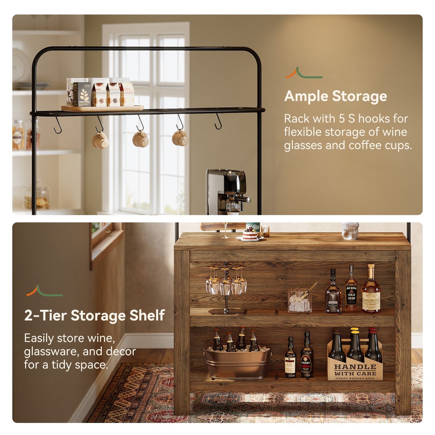 47" Solid Wood Bar Table, 3-Tier Home Bar Unit with Shelves & 5 Hooks ...
