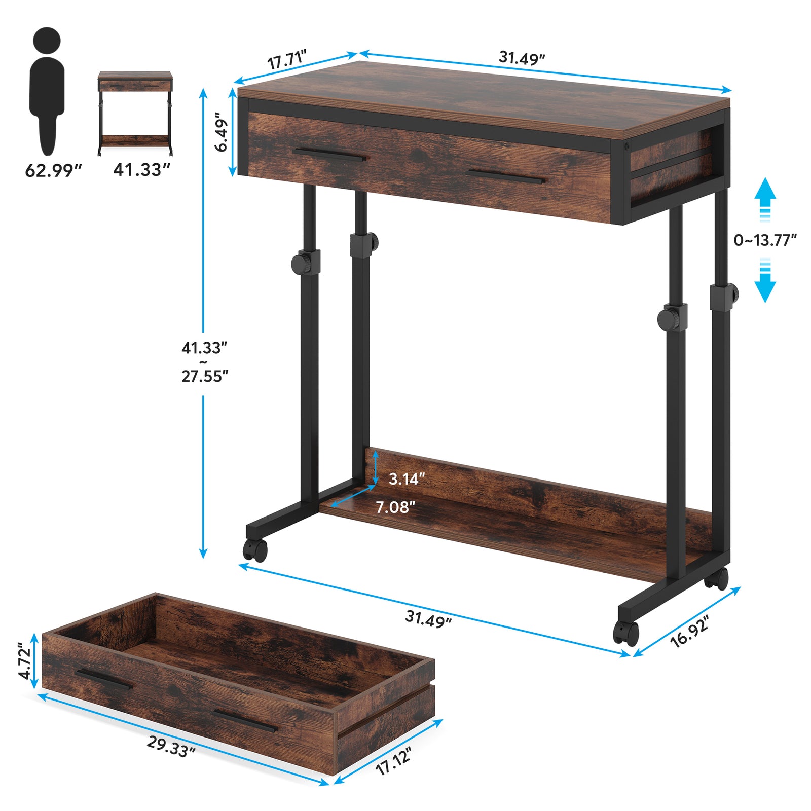 Height Adjustable Desk with Drawers, Table on Wheels-Tribesigns