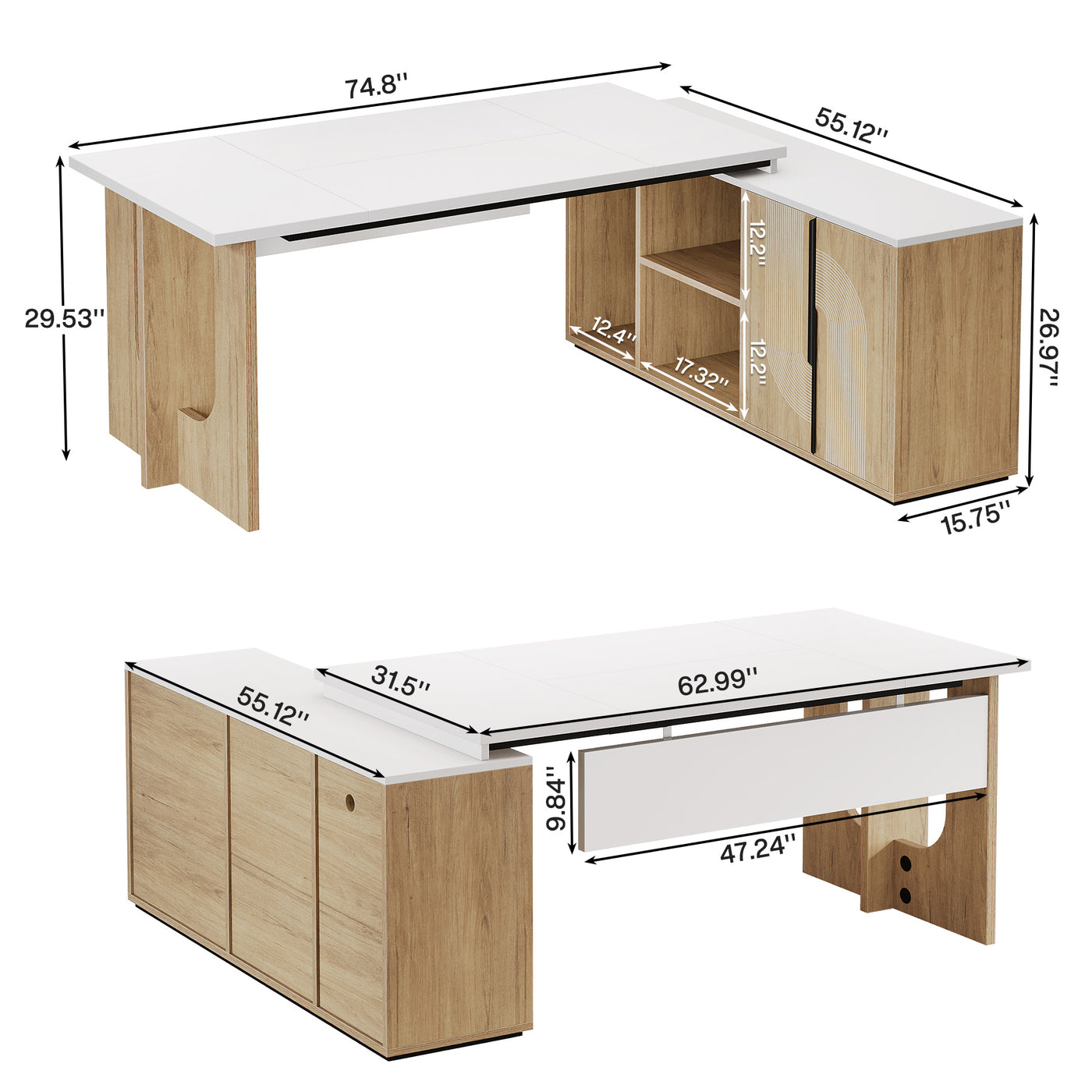 74'' L-Shaped Computer Desk, Desk With File Cabinet-Tribesigns